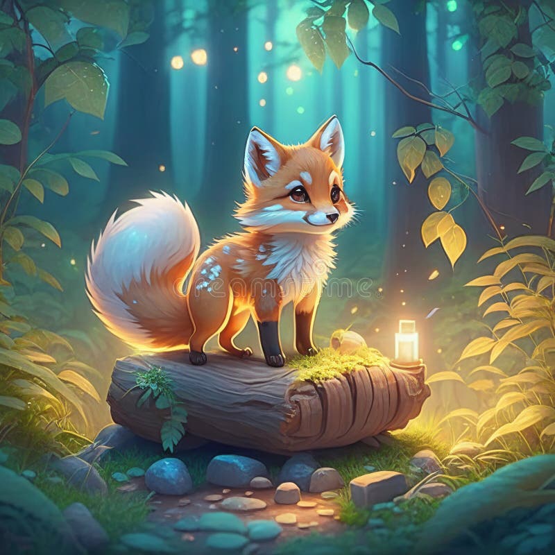 A Fox on Log Illuminated by Fireflies, Surrounded by Lush Forest with ...