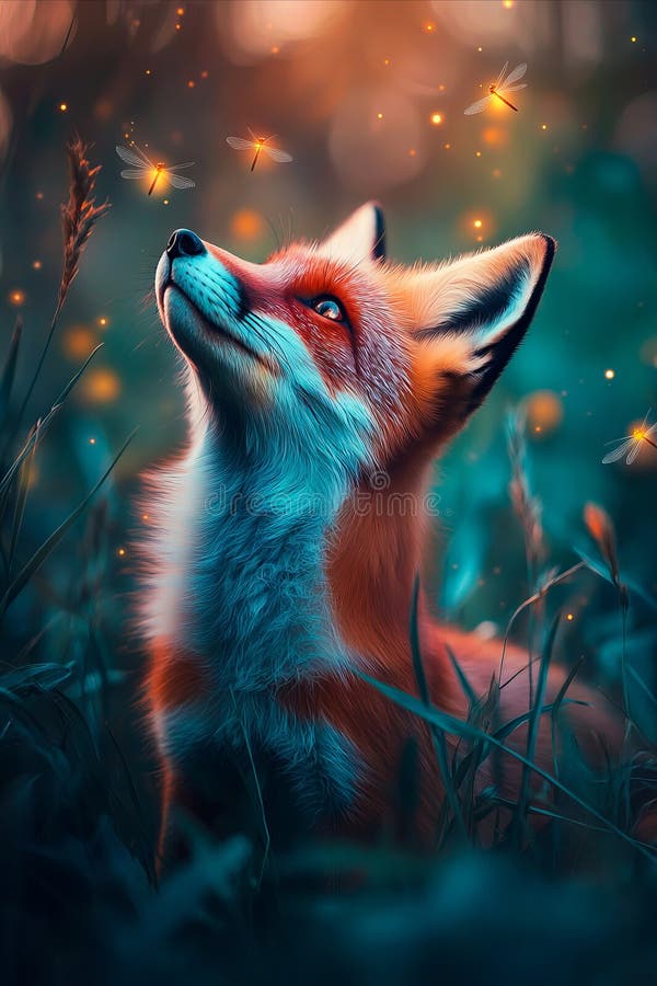 A Fox Looking Up at a Dragonfly in the Grass Stock Image - Image of ...