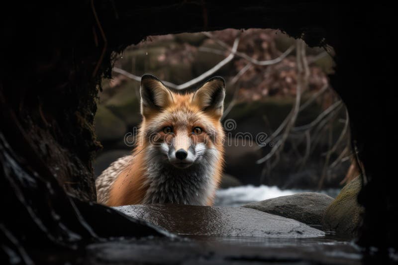 The Fox Looks into the Forest Cave. AI Generated Stock Photo - Image of ...