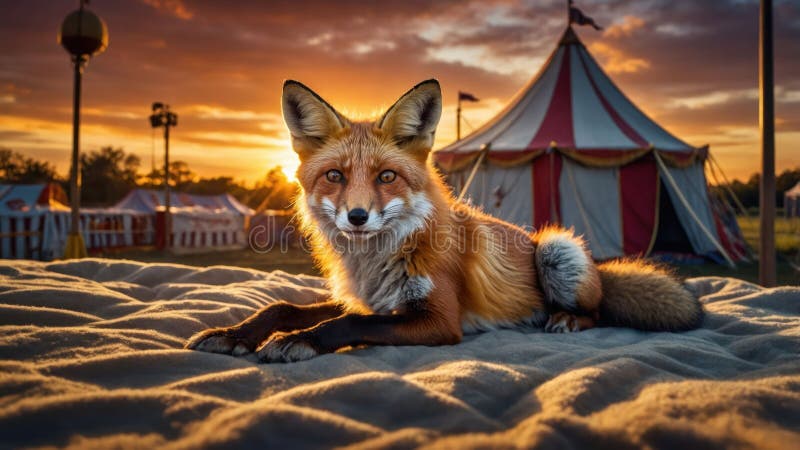 Majestic Red Fox at Sunset, Medieval Fair Background Stock Illustration ...