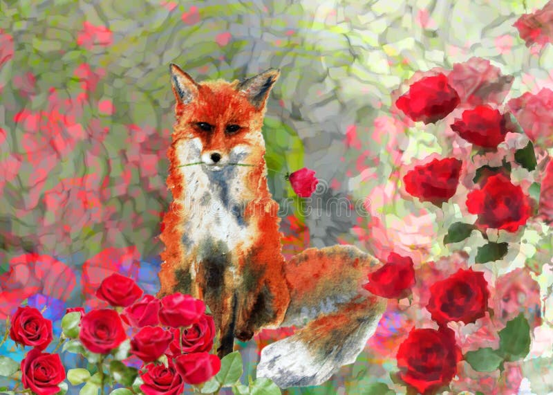 Fox in Love Digital Collage Featuring a Central Fox and Red Roses ...