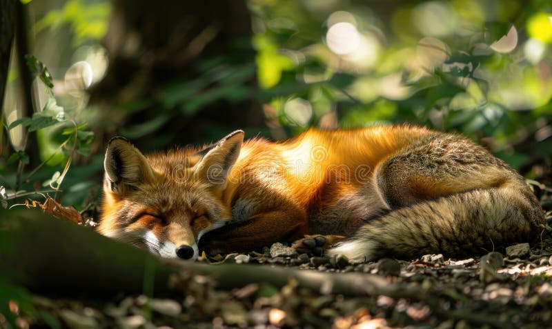 Fox Lying in the Shade, Dappled Sunlight Stock Image - Image of cute ...