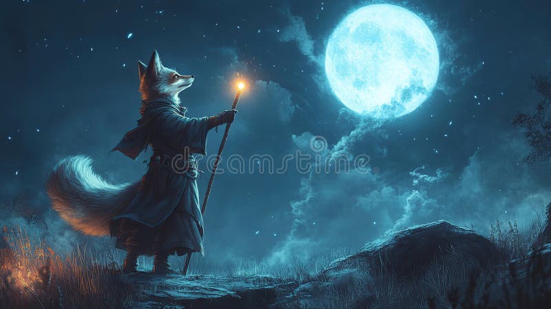 Fox Mage Gazing at a Large Moon Holding a Glowing Staff Stock ...