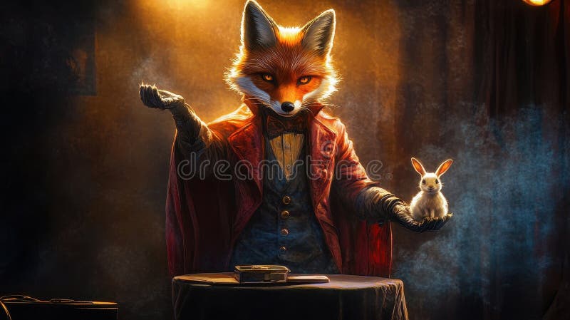 Fox Magician Presenting Rabbit Under Spotlight Stock Photo - Image of ...