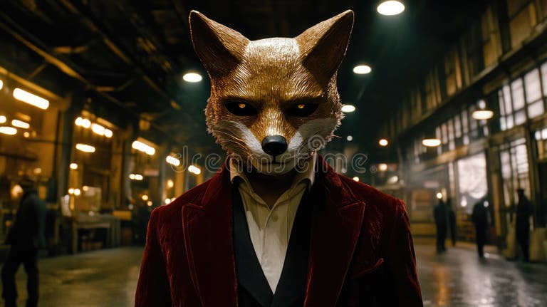 Fox Masked Figure in Dark Industrial Setting with Warm Lighting Stock ...