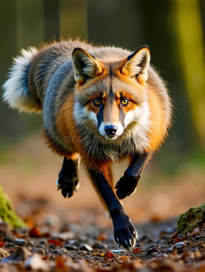 A Red Fox Running in the Woods on a Sunny Day Stock Image - Image of ...
