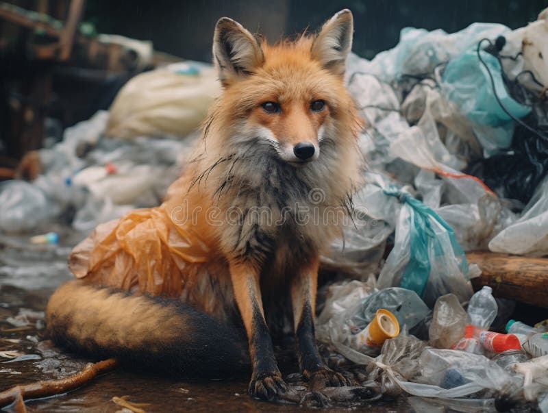 A Fox in the Middle of the Forest Who is Surrounded by Plastic Bags ...