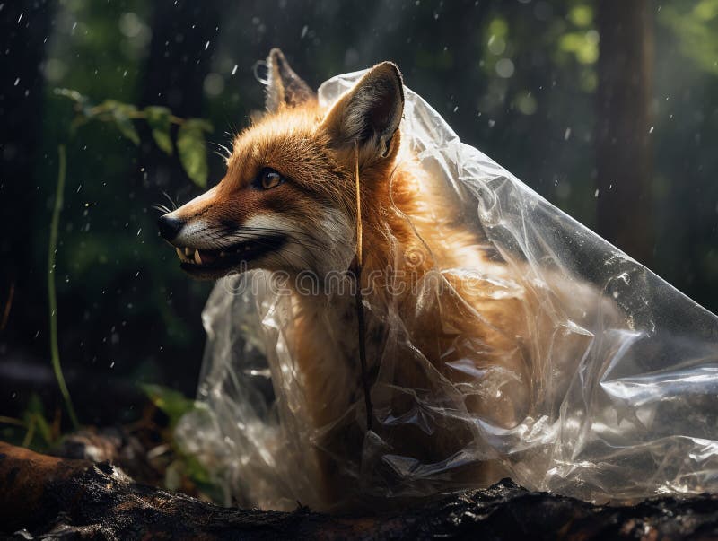 A Fox in the Middle of the Forest Who is Trapped by a Plastic Bag Stock ...