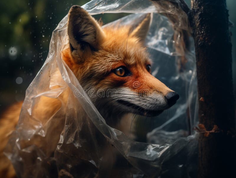 A Fox in the Middle of the Forest Who is Trapped by a Plastic Bag Stock ...