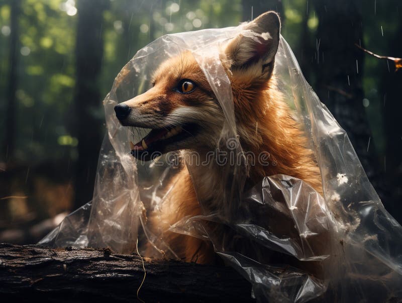 A Fox in the Middle of the Forest Who is Trapped by a Plastic Bag Stock ...