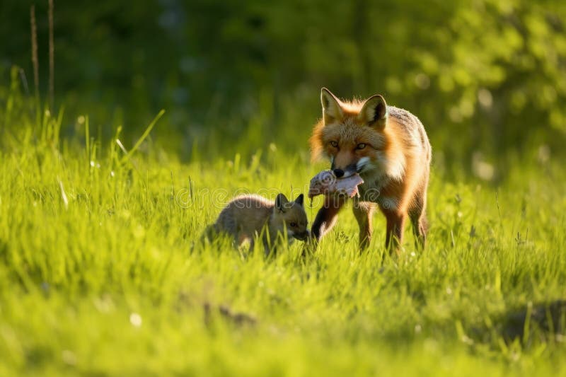 Fox Mother Sharing a Meal with Her Kit in a Grassy Field Stock Photo ...