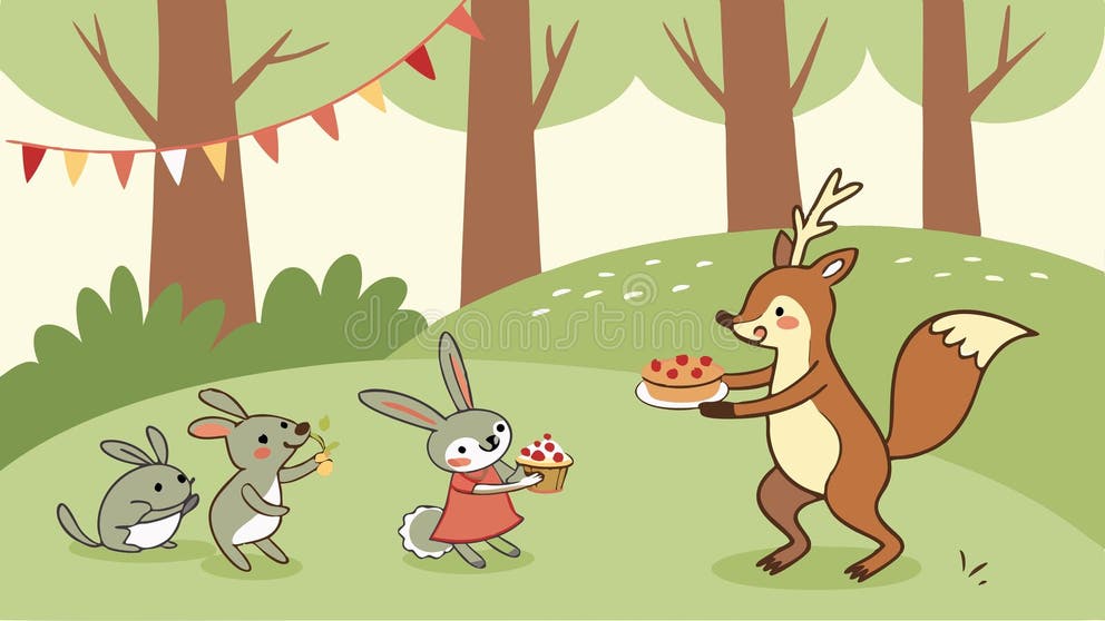 Fox, Mouse, and Rabbit Celebrating in Festive Forest Scene, Vector ...