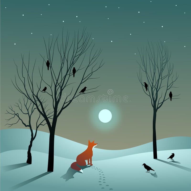 Fox in the Night Winter Forest Stock Vector - Illustration of landscape ...