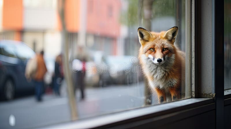 Fox Looking Out of a Window on a City Street Stock Photo - Image of ...