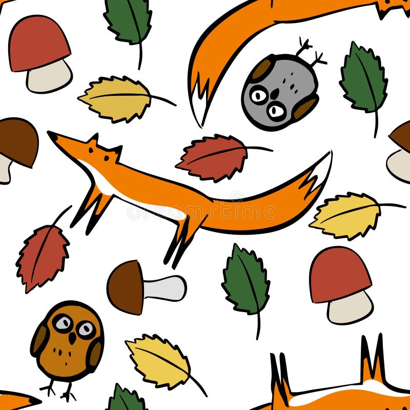 Fox, Owl and Forest Doodle Seamless Pattern Kid Drawing Stock Vector ...