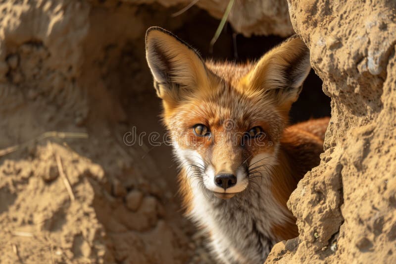 Fox Peeking Out from a Foxhole, Eyes Focused Forward Stock Photo ...