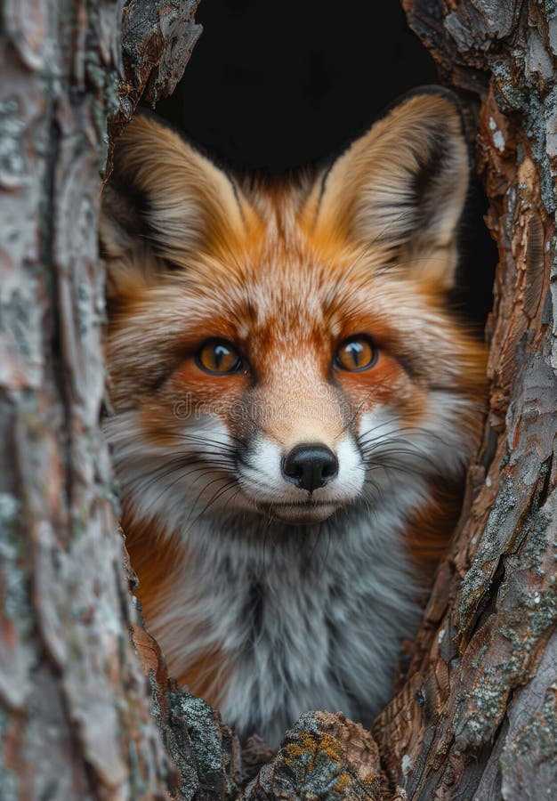 A Fox is Peeking Out from a Tree Hole. the Fox Has a Bright Orange Face ...