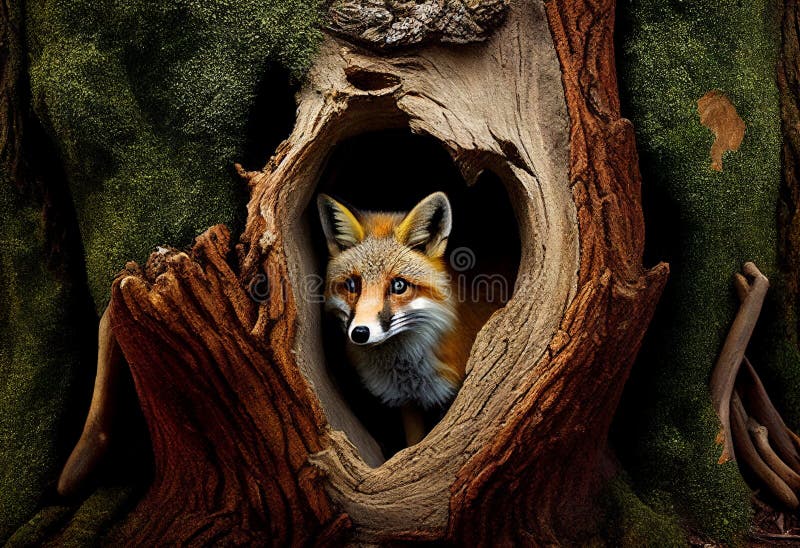 The Fox Peeks Out of the Hollow Tree. AI Generated Stock Photo - Image ...
