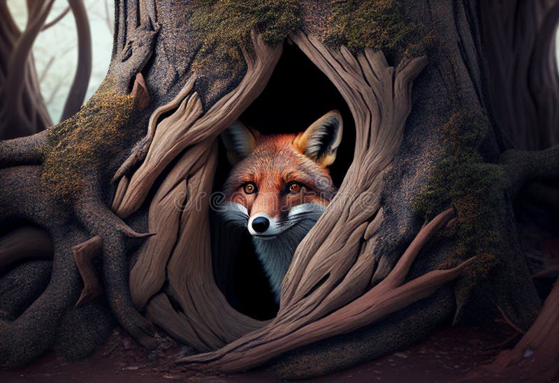 The Fox Peeks Out of the Hollow Tree. AI Generated Stock Image - Image ...