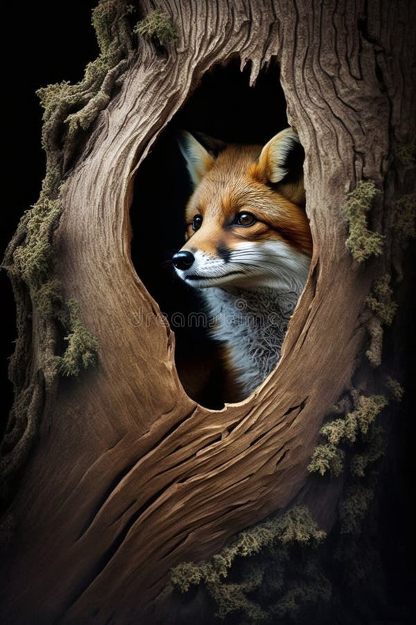 The Fox Peeks Out of the Hollow Tree. AI Generated Stock Image - Image ...