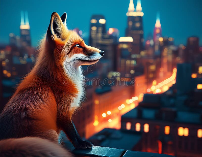 A Fox Peering Over the Edge of a City Rooftop at Night with Glowing ...