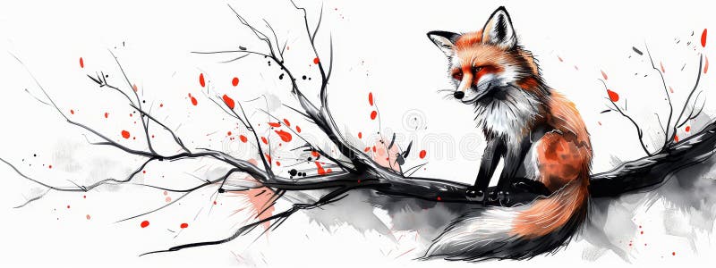 A Fox Perched on a Tree Branch with Crimson Blood Splatters Dotting the ...