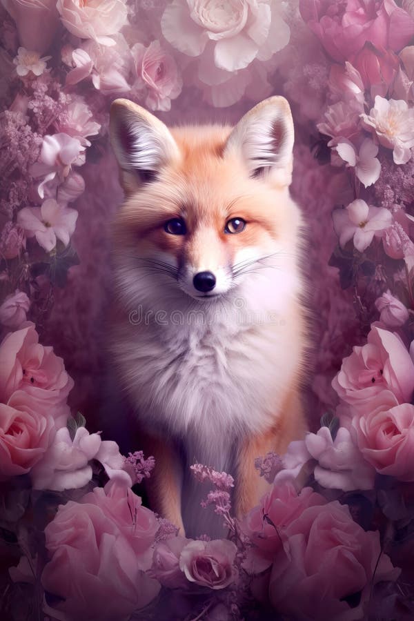 Fox in the pink flowers stock illustration. Illustration of blossom ...