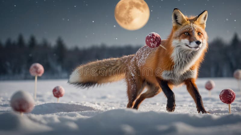 Red Fox Running in Snowy Landscape with Candy Apples Under Full Moon ...