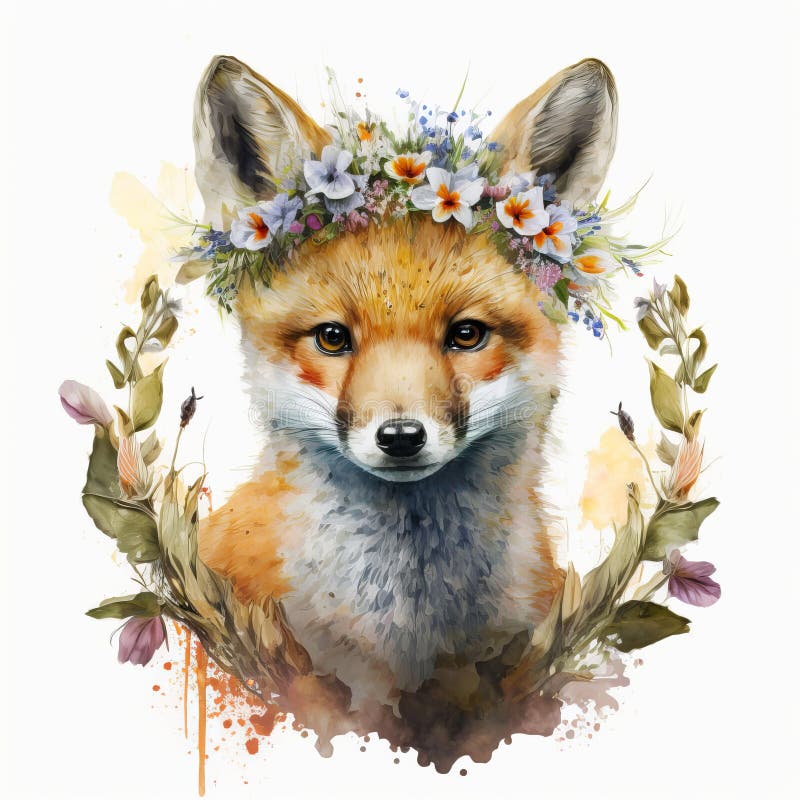 Fox Portrait Drawing with Flowers. White Background Generative AI Stock ...