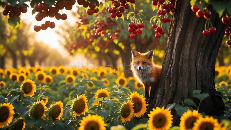 Red Fox in Sunflower Field at Sunset, Majestic Nature Scene Stock ...