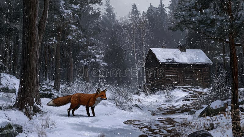 A Fox Prowling through a Snowy Forest Near a Ranger Cabin. Digital ...