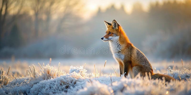 A Fox Quietly Observing from the Edge of a Frost Covered Field at Dawn ...