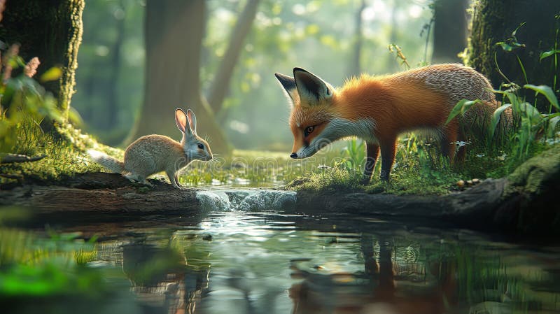 A Fox and a Rabbit Cautiously Sharing a Water Source in a Serene Stock ...