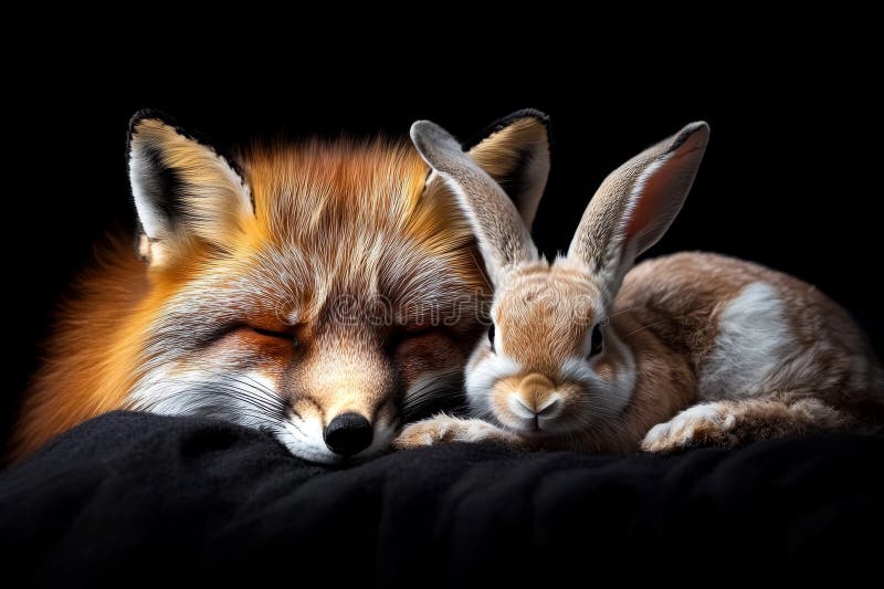 Fox and Rabbit Friends a Cute Red Fox and Fluffy Bunny Sleeping ...