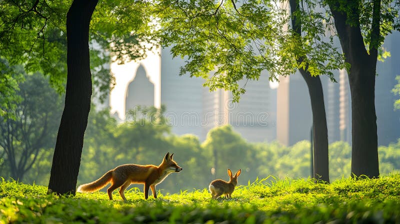 Fox and Rabbit in Lush Urban Park at Sunrise Stock Photo - Image of ...