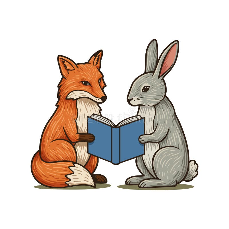 Fox and Rabbit Reading a Blue Book Together Educational Vector ...