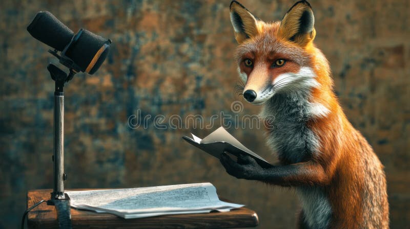 Fox Reading a Script at a Microphone in a Cozy Setting during a ...