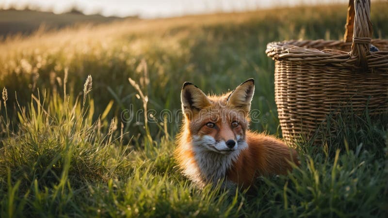 Red Fox in Golden Hour Meadow Near a Wicker Basket Stock Illustration ...