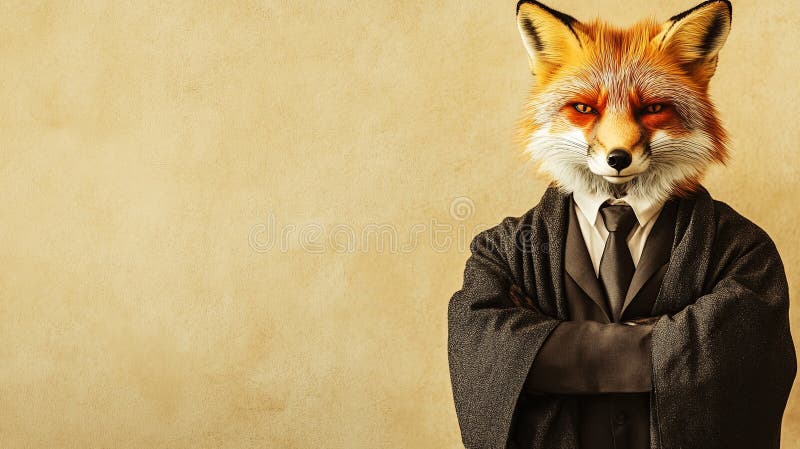 Fox in Robe and Tie with Clean Beige Background and Empty Text Box ...