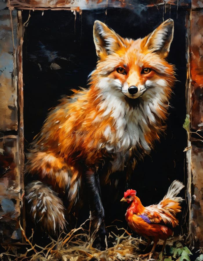 Fox and Rooster Standing Together in Rustic Barn Doorway Stock Image ...