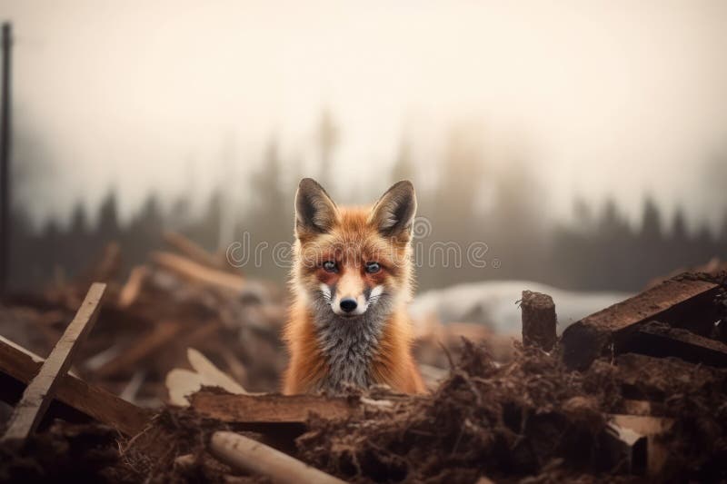 Fox in a Ruined Forest Environment Stock Illustration - Illustration of ...