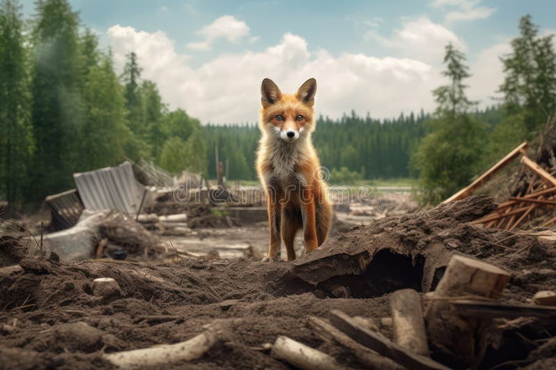 Fox in a Ruined Forest Environment Stock Illustration - Illustration of ...