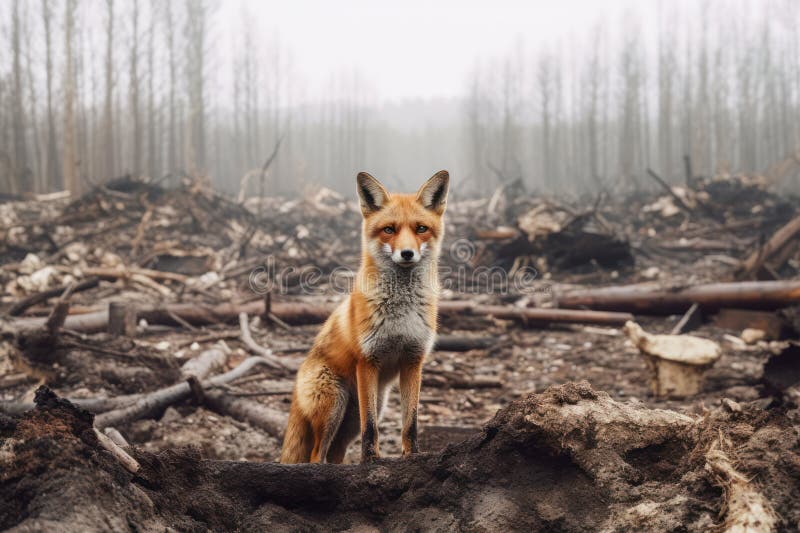 Fox in a Ruined Forest Environment Stock Illustration - Illustration of ...