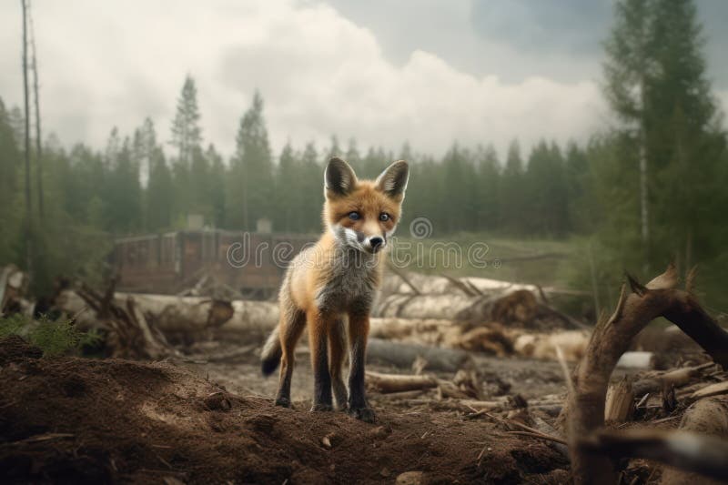 Fox in a Ruined Forest Environment Stock Illustration - Illustration of ...