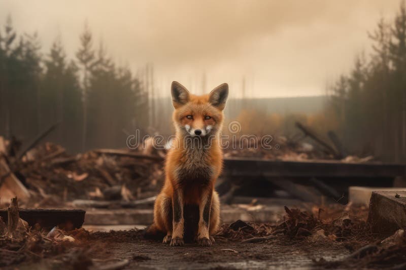 Fox in a Ruined Forest Environment Stock Illustration - Illustration of ...
