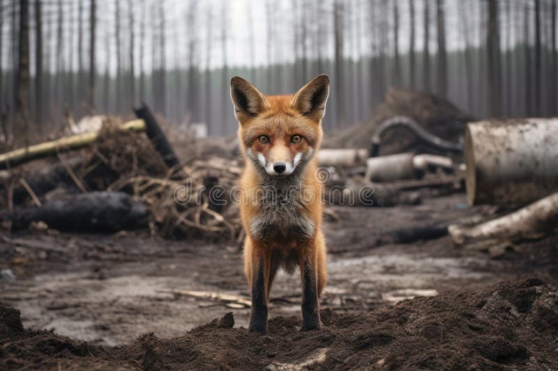 Fox in a Ruined Forest Environment Stock Illustration - Illustration of ...