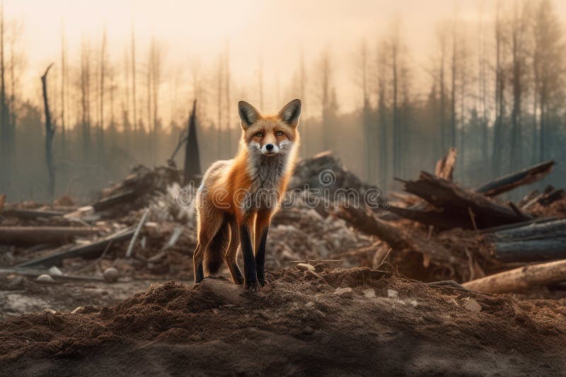 Fox in a Ruined Forest Environment Stock Illustration - Illustration of ...