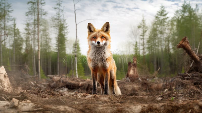 Fox in a Ruined Forest Environment Stock Illustration - Illustration of ...