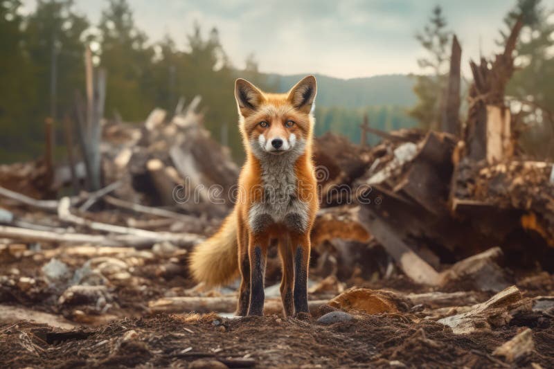 Fox in a Ruined Forest Environment Stock Illustration - Illustration of ...