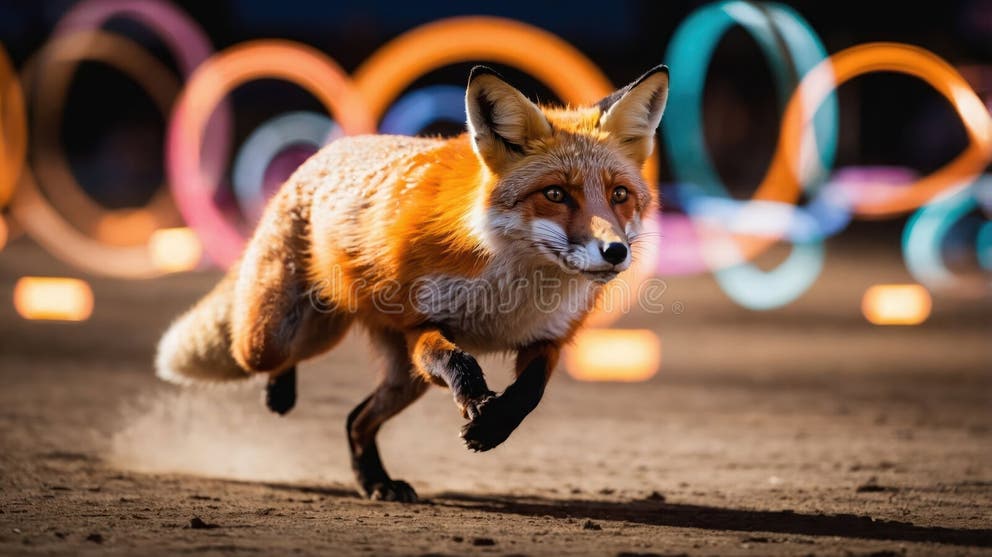 Red Fox Running at Night with Colorful Lights Blurred Background Stock ...